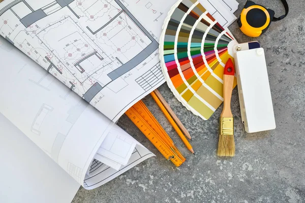 Architectural Drawings Color Guide Brushes Pencils Ruler Gray Stone ...