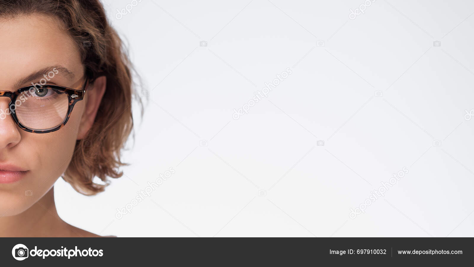Beautiful Half Face Woman Glasses Looks Camera Isolated White ...