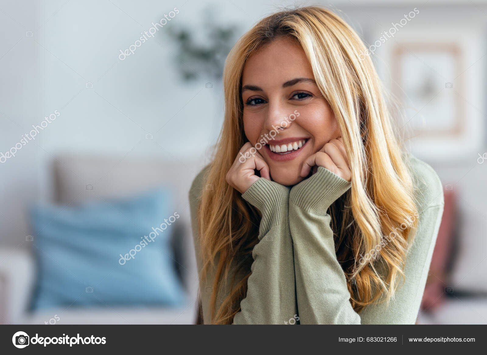 Portrait Kind Young Woman Smiling While Looking Camera Living Room ...