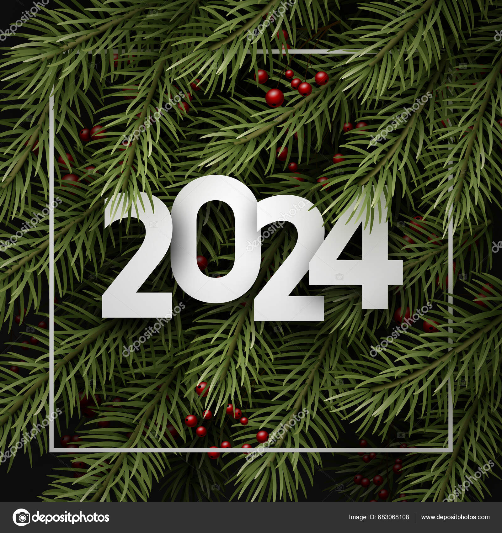 Šťastný Nový Rok Rámečkem Bílým Papírem 2024 Zeleném Pozadí Jedlovými ...
