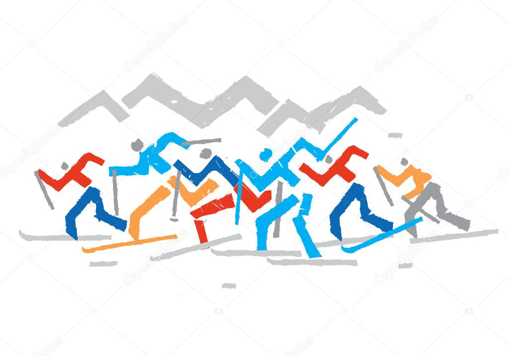 Esquiadores Fondo Competición Dibujo Expresivo Grupo Competidores Esquí ...