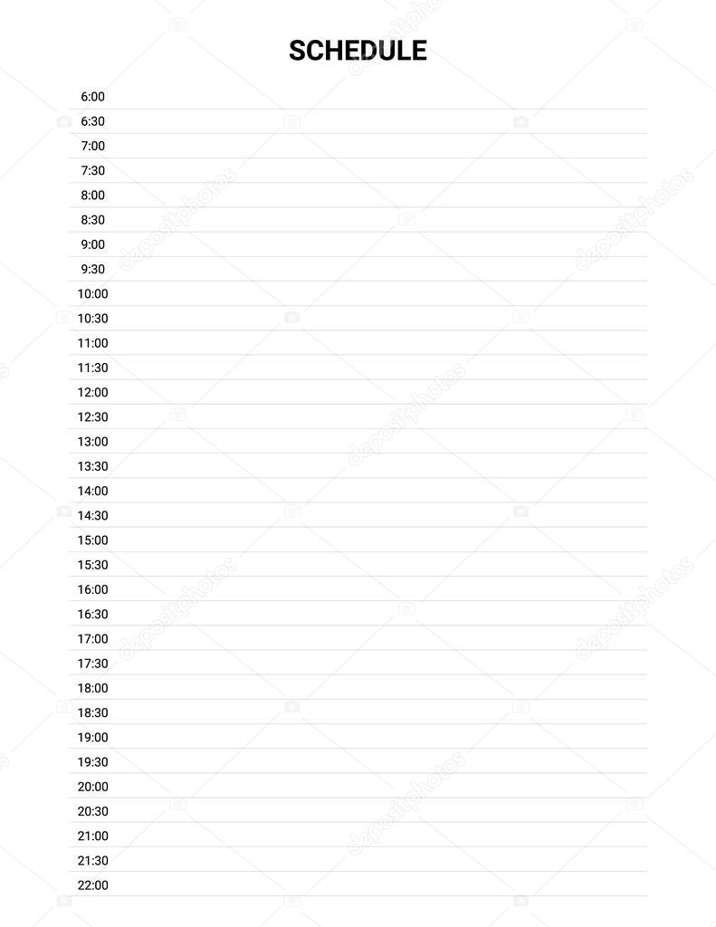 Plantilla imprimible de horario diario Vector. Cuaderno blanco en ...