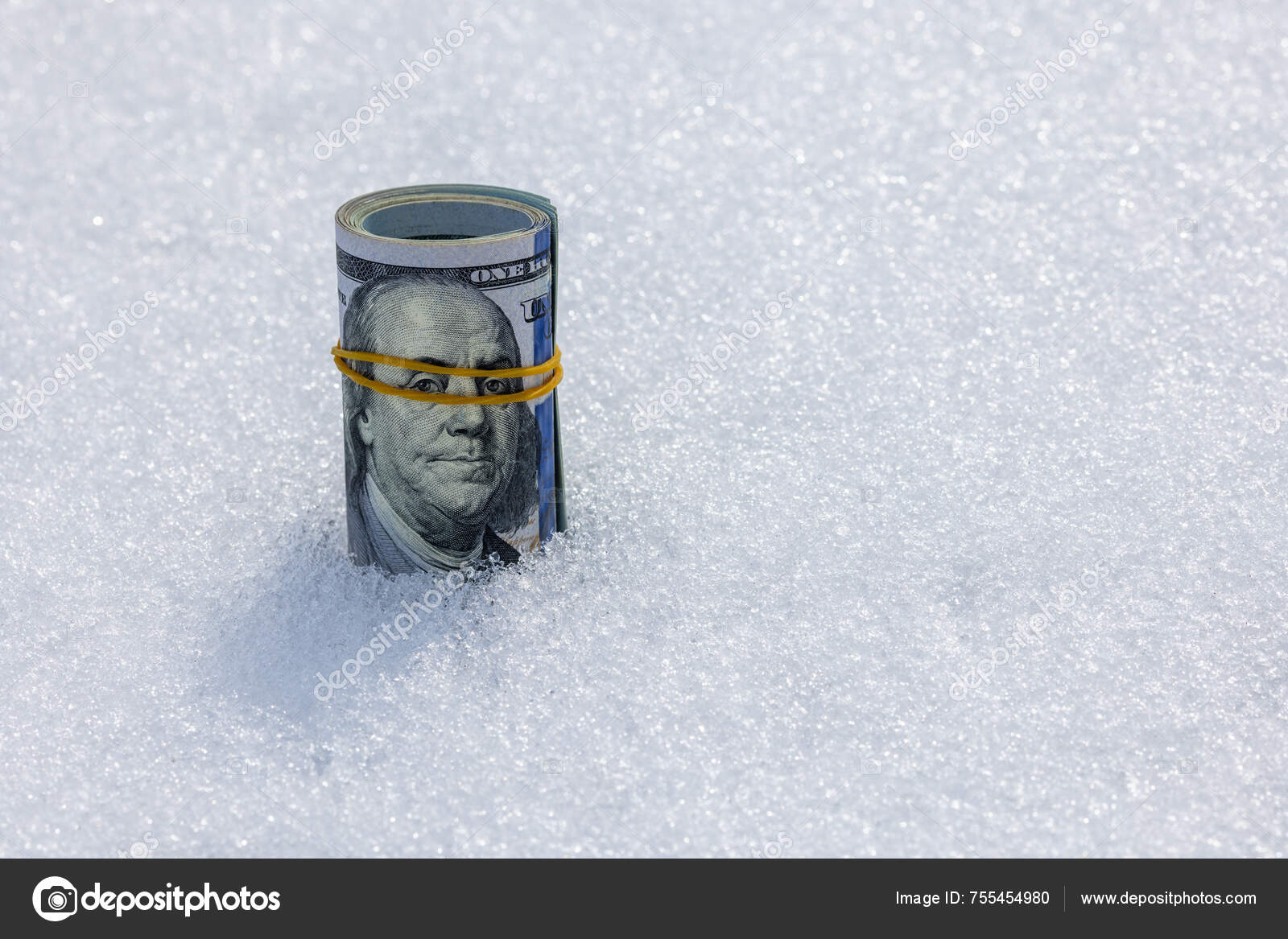 Roll Real Cash Standing Snow Surface Sunny Winter Day — Stock Photo ...
