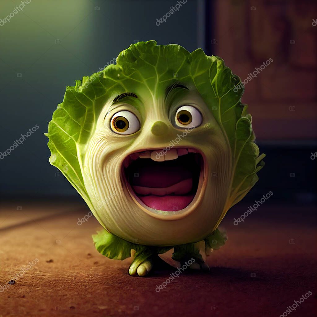 Cara impactada personaje de dibujos animados lechuga. Ilustración 3D ...