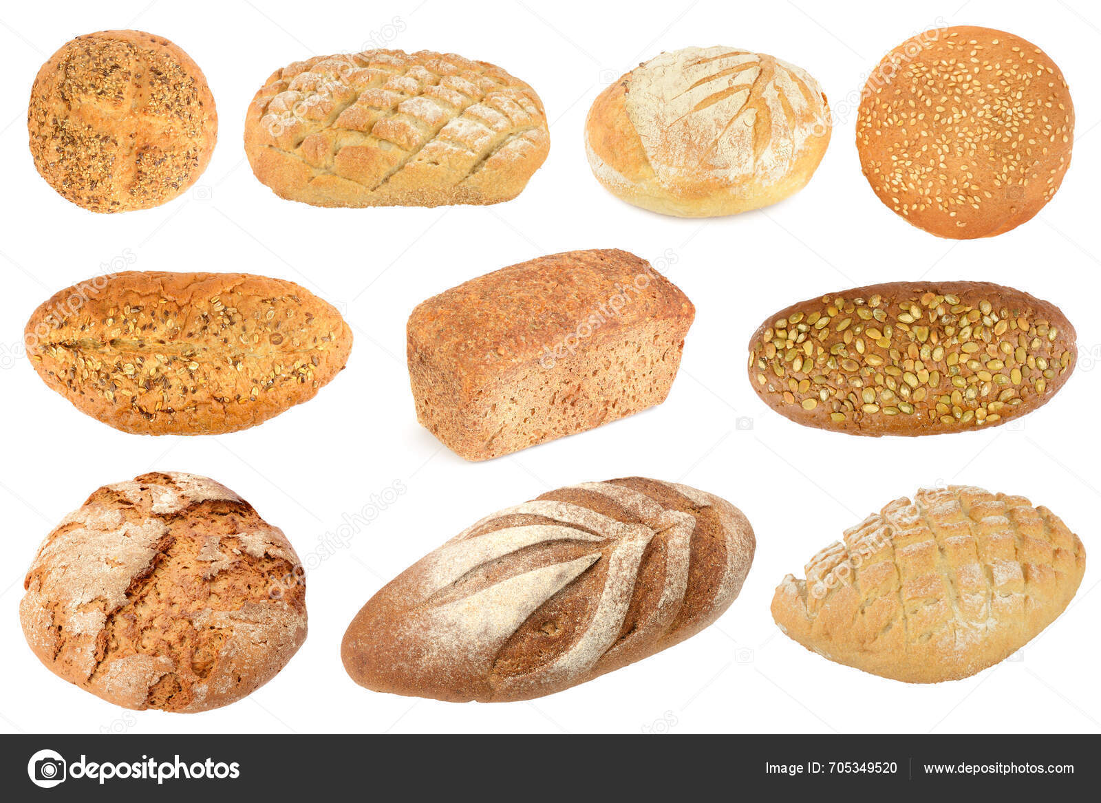 Various Types Baked Bread Isolated White Background — Stock Photo ...