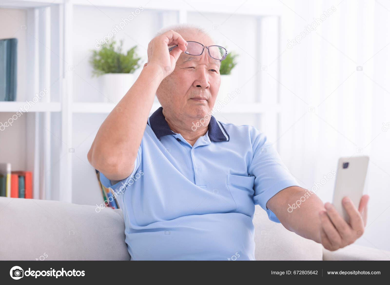 Presbyopia Senior Asian Man Holding Eyeglasses Having Problem Vision ...