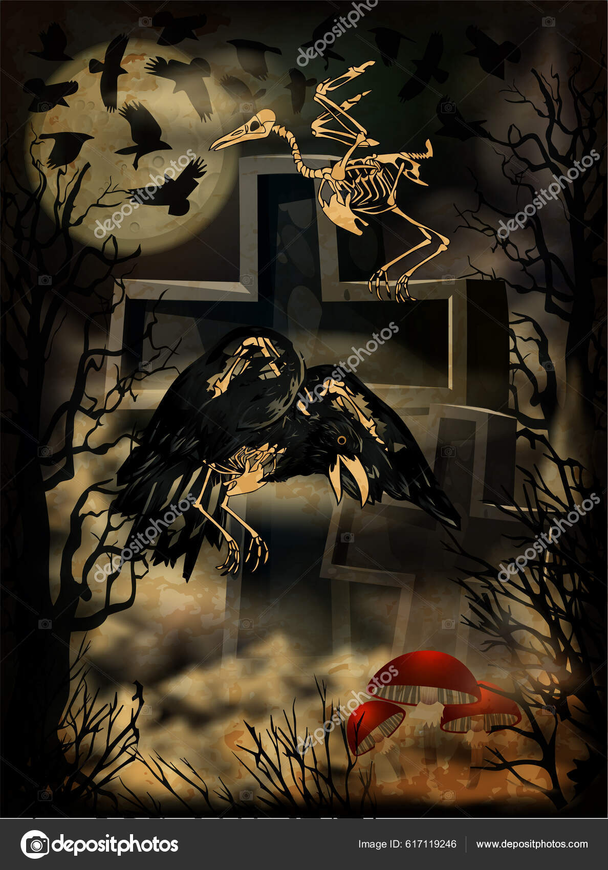 Amanita Crows Night Cemetery Halloween Invitation Card Vector ...