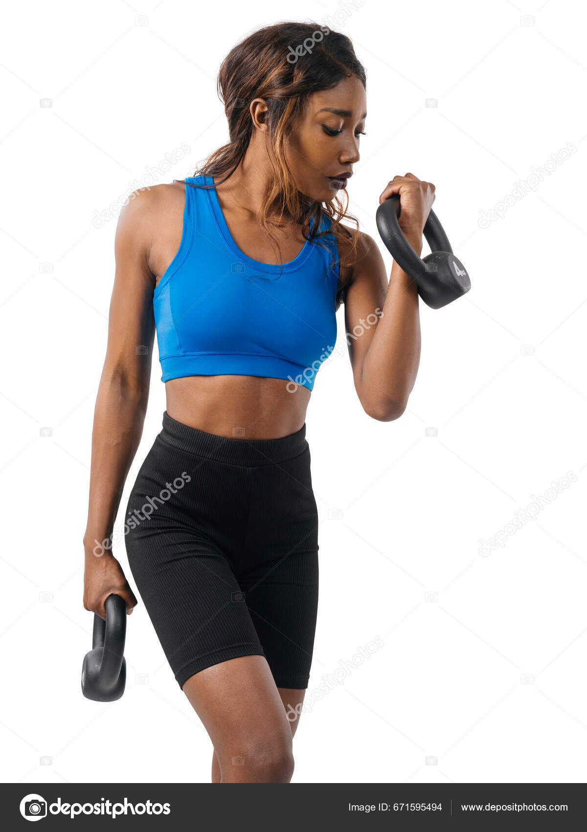 Woman African Descent Doing Bicep Curls Kettlebell White Background ...