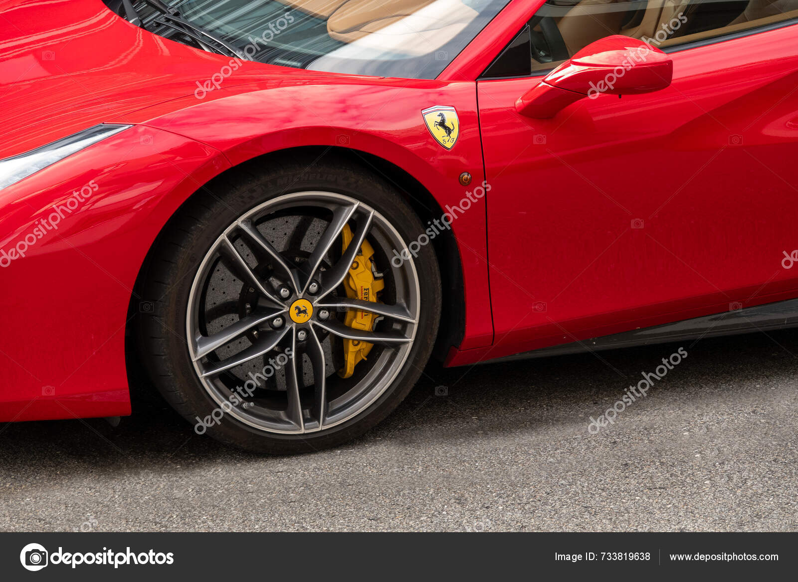 Close Detail Side View Red Ferrari 488 Sports Car Produced — Stock ...