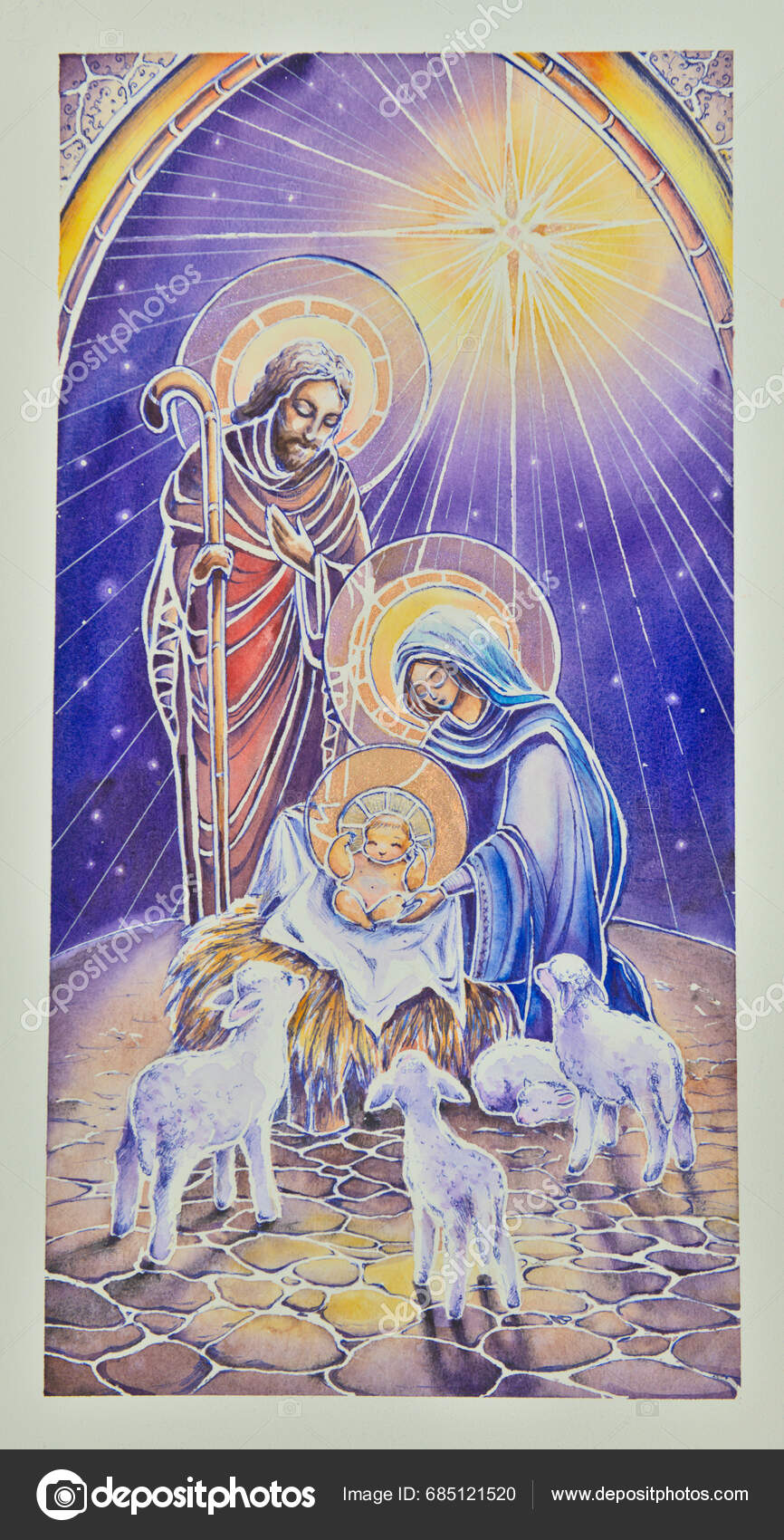 Christmas Nativity Scene Holy Family Watercolor Illustration Madonna ...