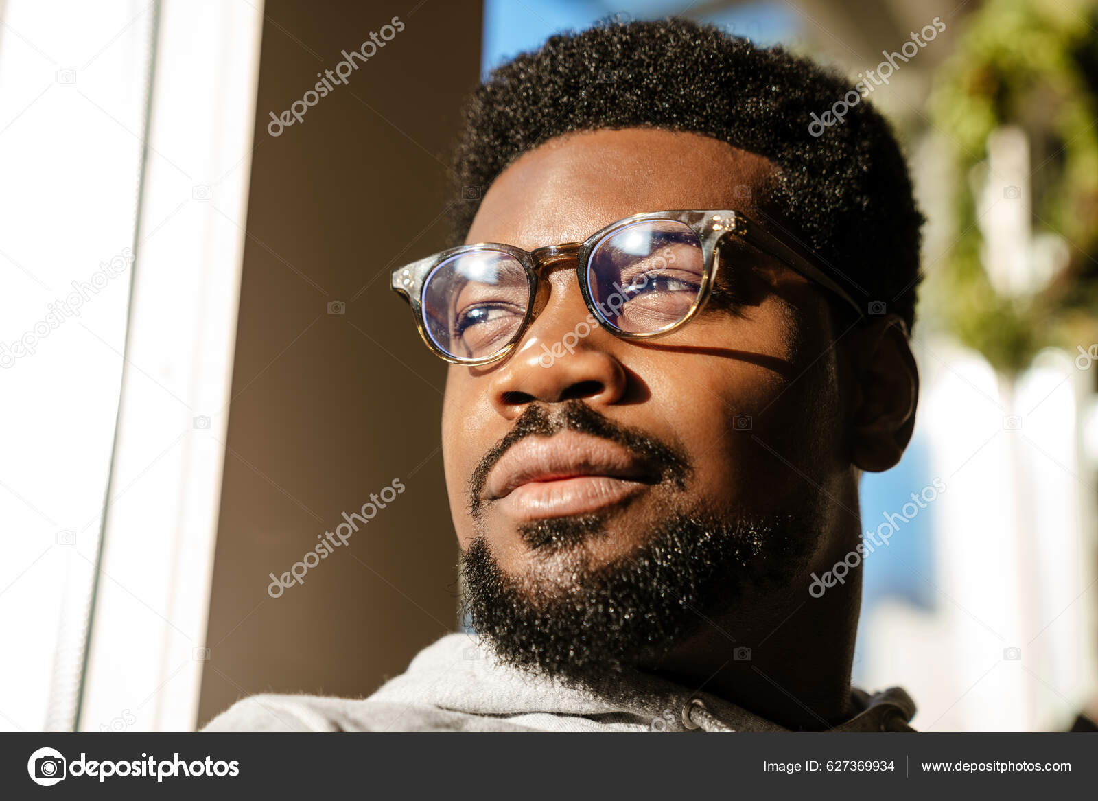 Black Bearded Man Glasses Looking Aside While Siting Cafe Indoors ...