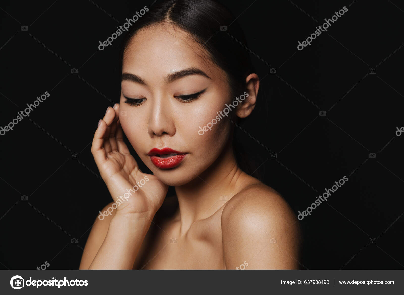 Young Asian Shirtless Woman Wearing Makeup Posing Camera Isolated Black