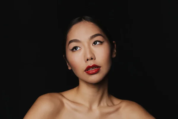 Young Asian Shirtless Woman Wearing Makeup Posing Camera Isolated Black
