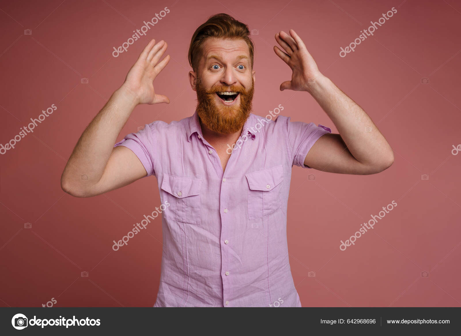 Ginger White Man Beard Expressing Surprise Camera Isolated Pink