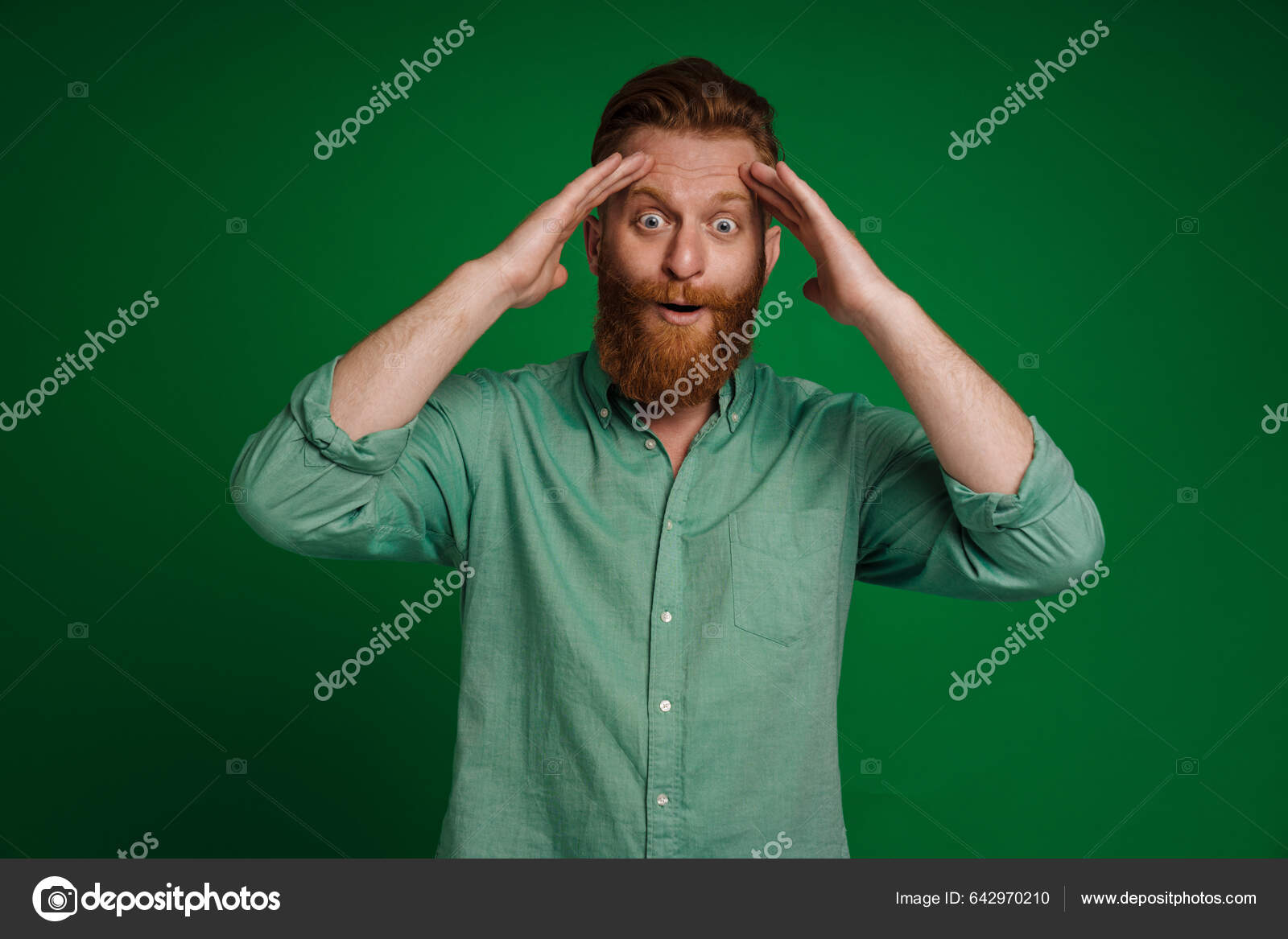 Ginger White Man Beard Expressing Surprise Camera Isolated Green