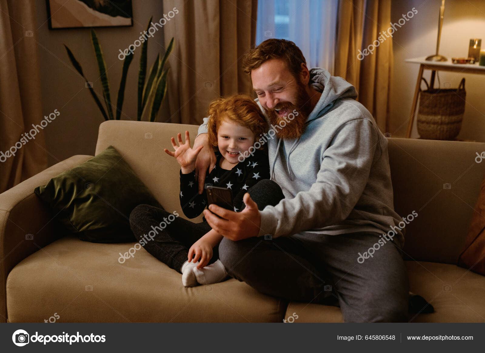Excited Father Son Having Video Call Mobile Phone While Sitting — Stock ...