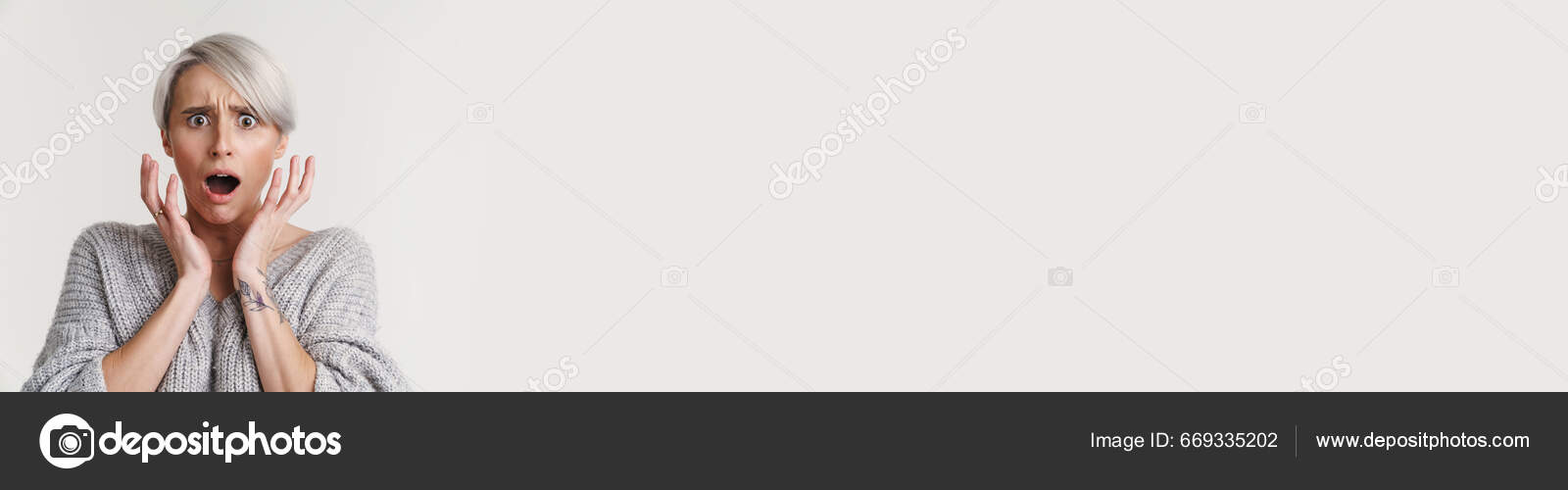 Scared Beautiful Silver Girl Expressing Surprise Camera Isolated White ...