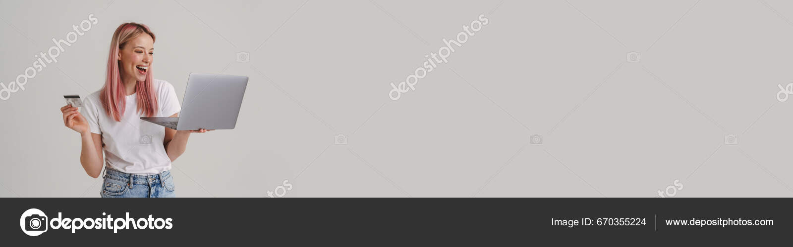 Young European Woman Laughing While Posing Credit Card Laptop Isolated ...