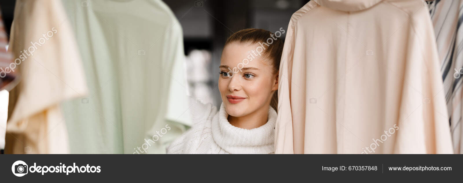 Young Smiling Blonde White Woman Choosing Clothes Home — Stock Photo ... Young Smiling Blonde White Woman Choosing Clothes Home — Stock Photo ...
