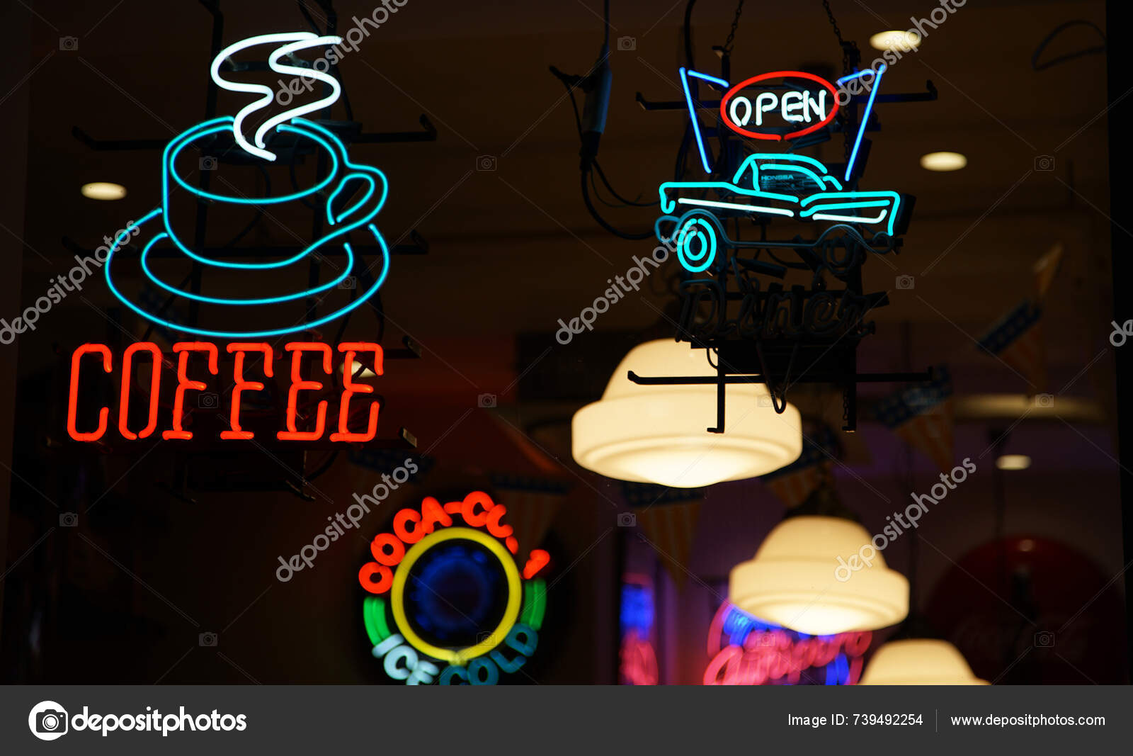 Colorful Neon Sign Decorating Window Pane Restaurant Night — Stock ...