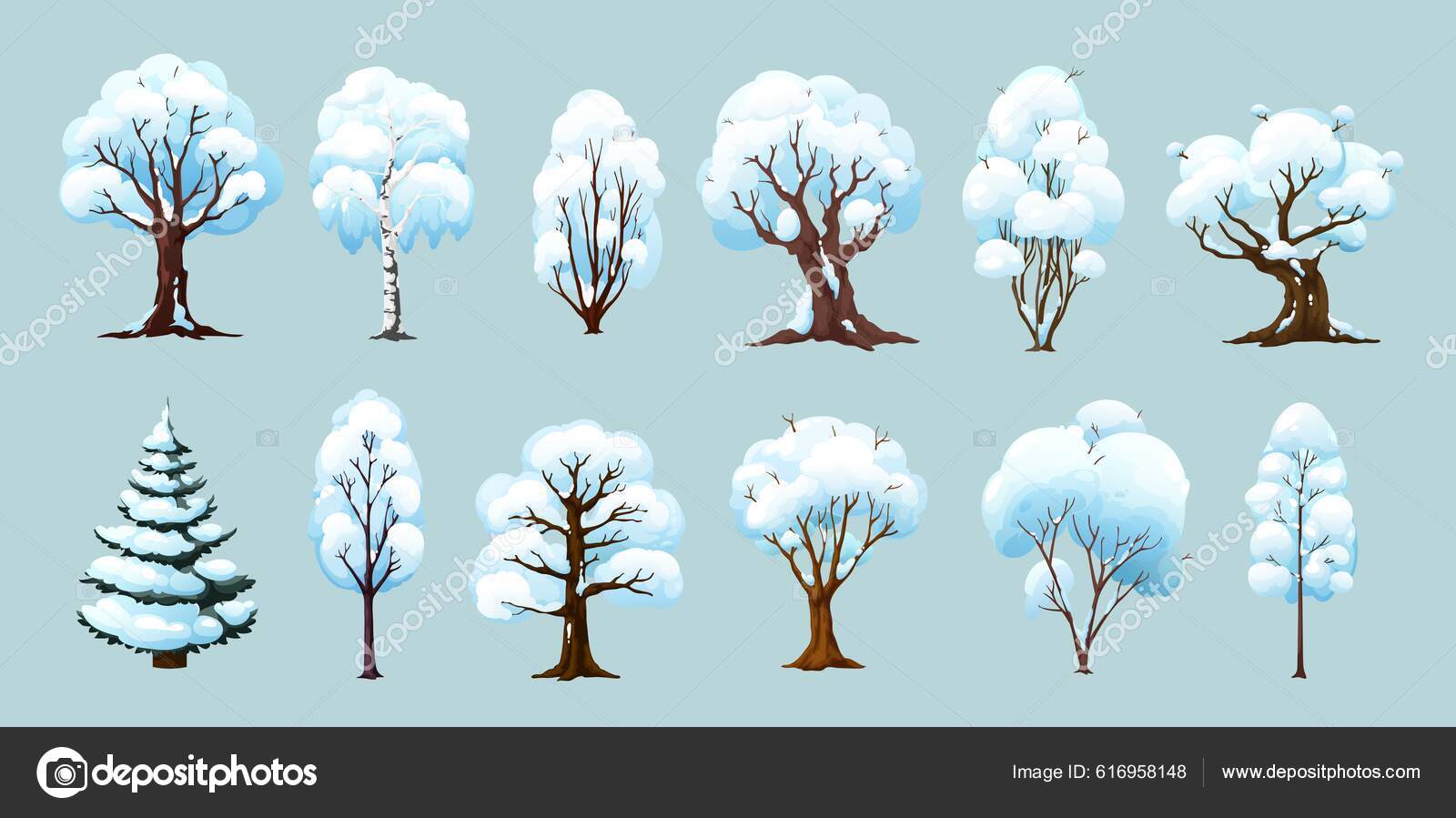 Tecknad Vinter Träd Isolerade Vektorväxter Med Snö Grenar Vintertid ...