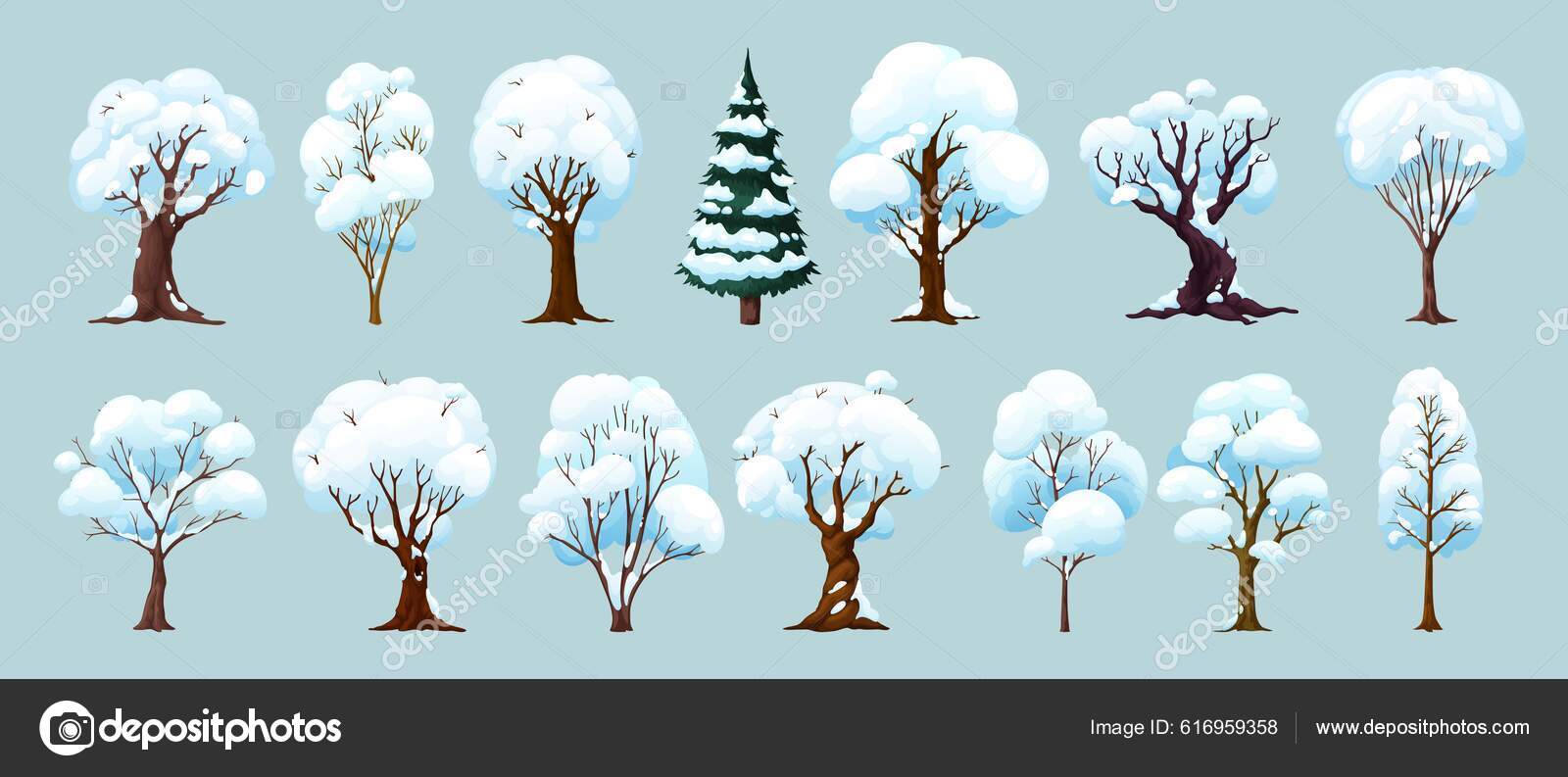 Cartoon Winter Trees Isolated Vector Wintertime Forest Garden Plants ...