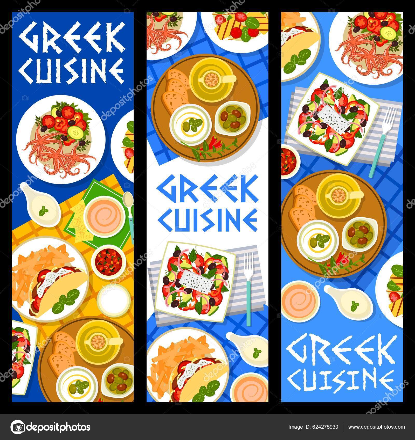 Greek Cuisine Banners Greece Food Mediterranean Menu Restaurant Vector ...