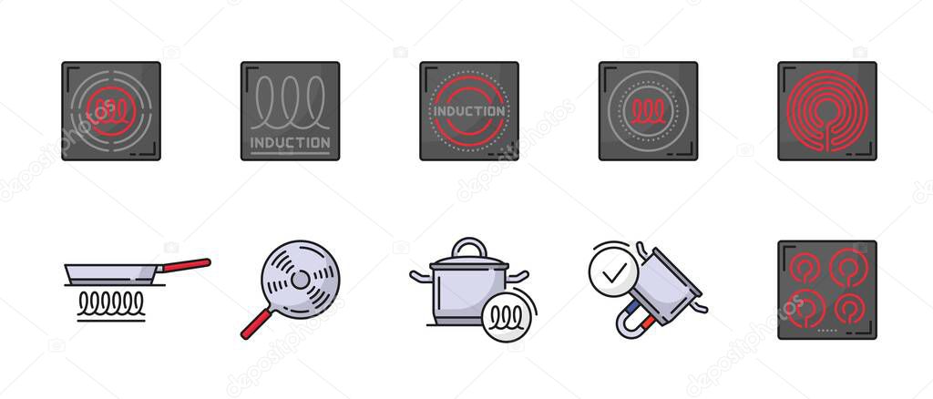 Iconos de inducción, cocina o cocina cocina vitrocerámica y vectores de ...