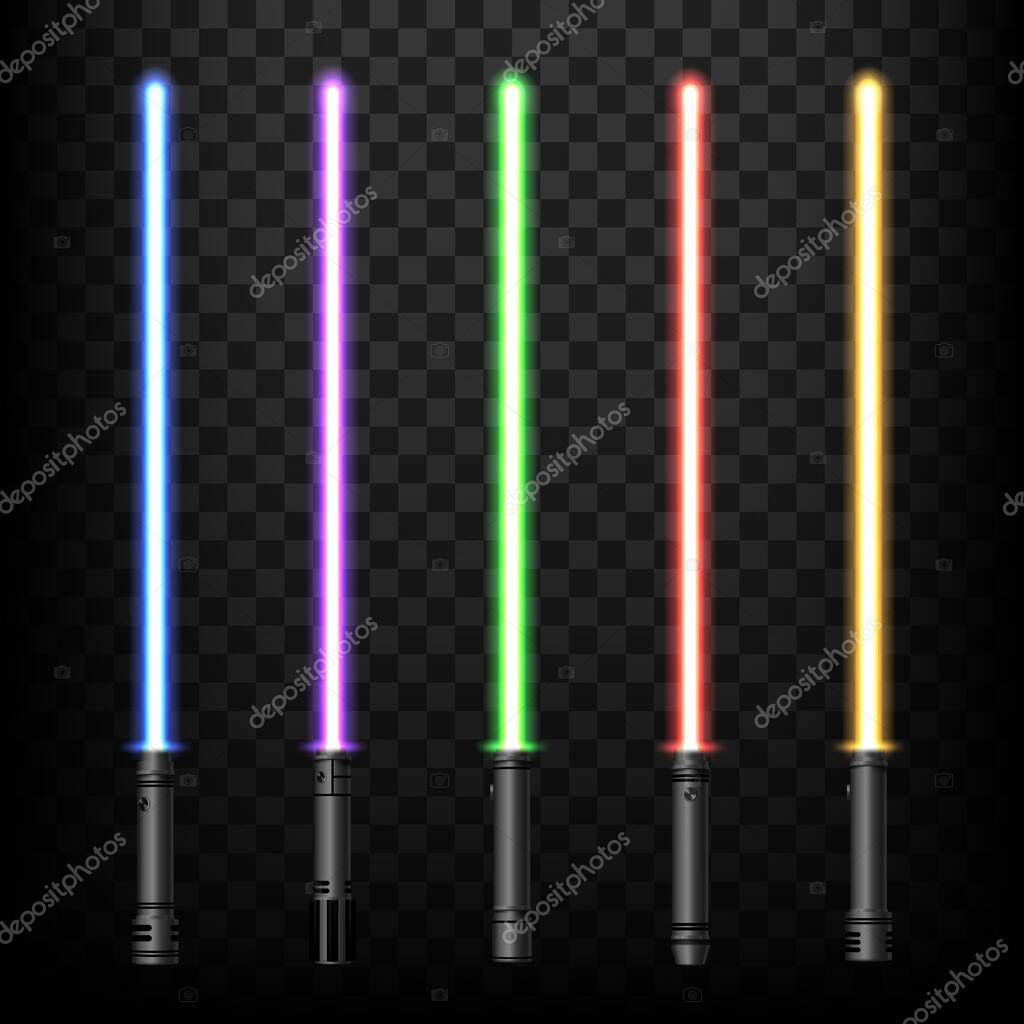 Espadas ligeras, sables brillantes listos. Vector aislado azul, púrpura ...