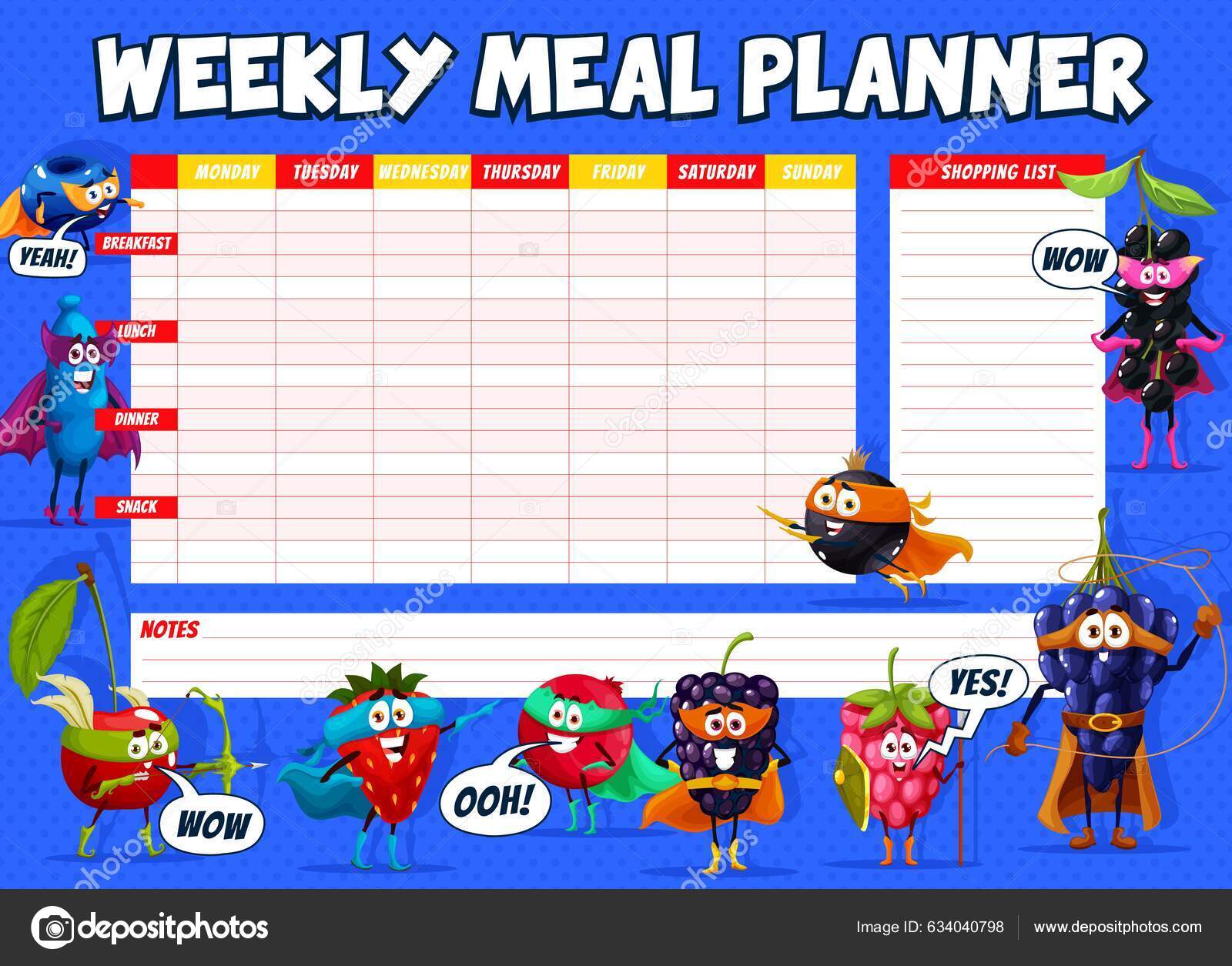 Weekly Meal Planner Cartoon Superhero Berry Characters Vector Food ...