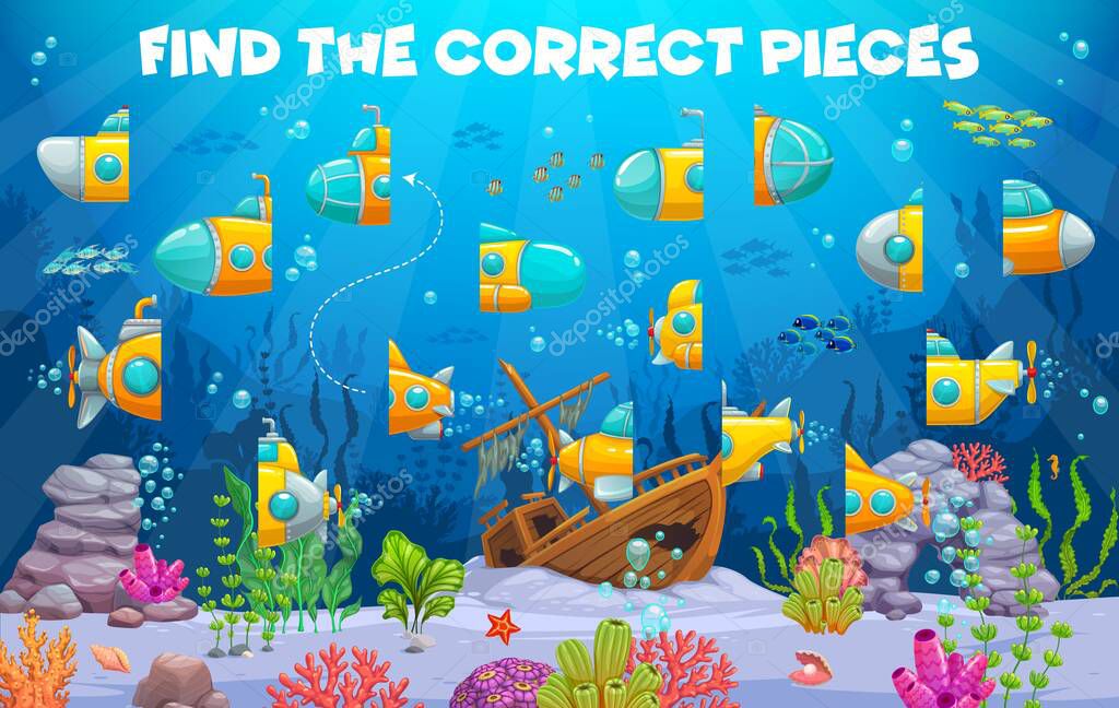 Find the correct pieces of cartoon underwater submarine and bathyscaphe ...
