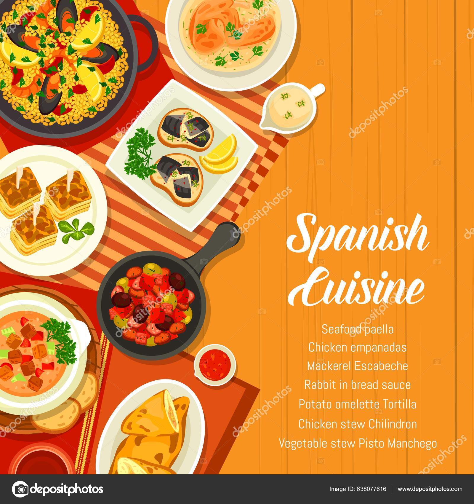 Spanish Cuisine Menu Cover Spain Food Dishes Tapas Meals Vector Stock ...