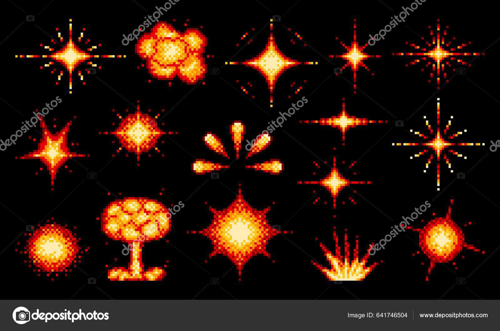 Pixel Explosion Retro Videogame Weapon Shot Flame Burst Bit Game Stock ...