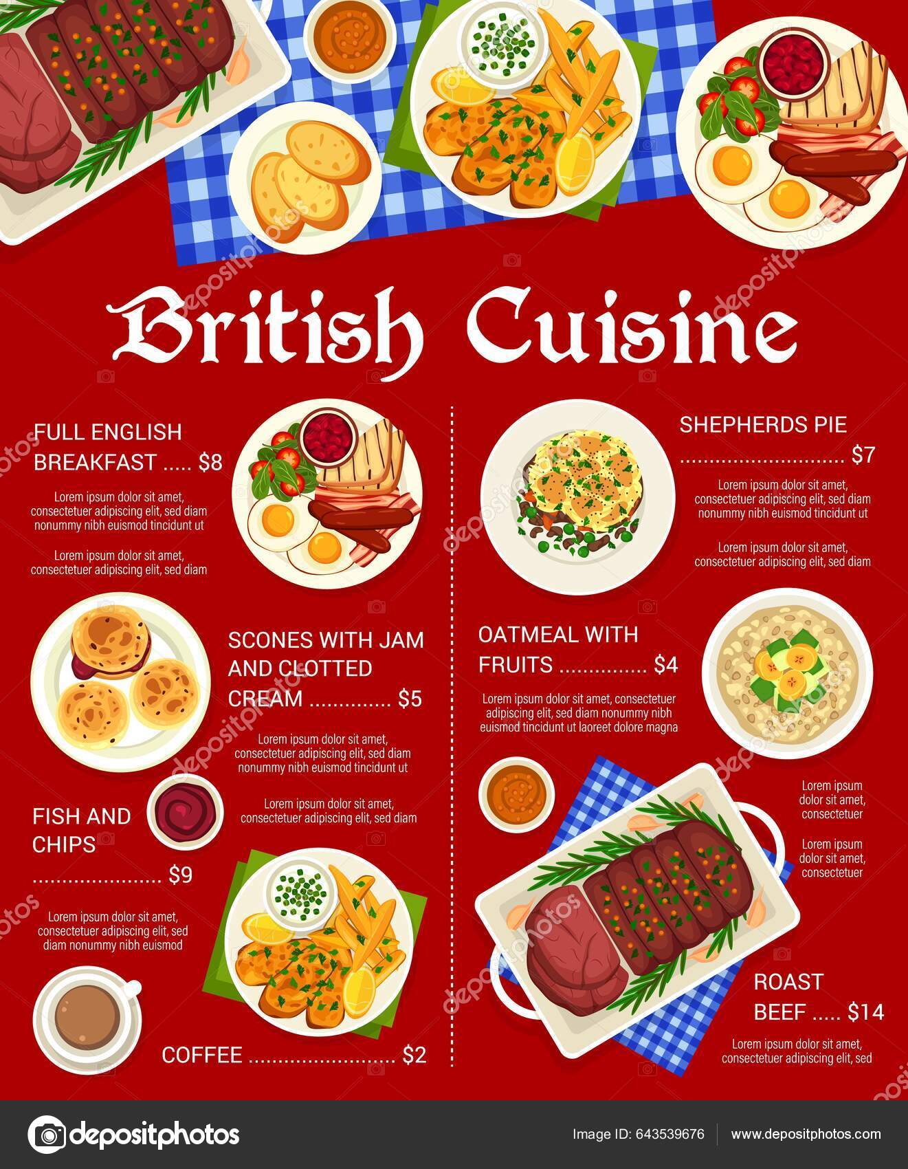 British Cuisine Meals Menu Template Fish Chips Full English Breakfast ...