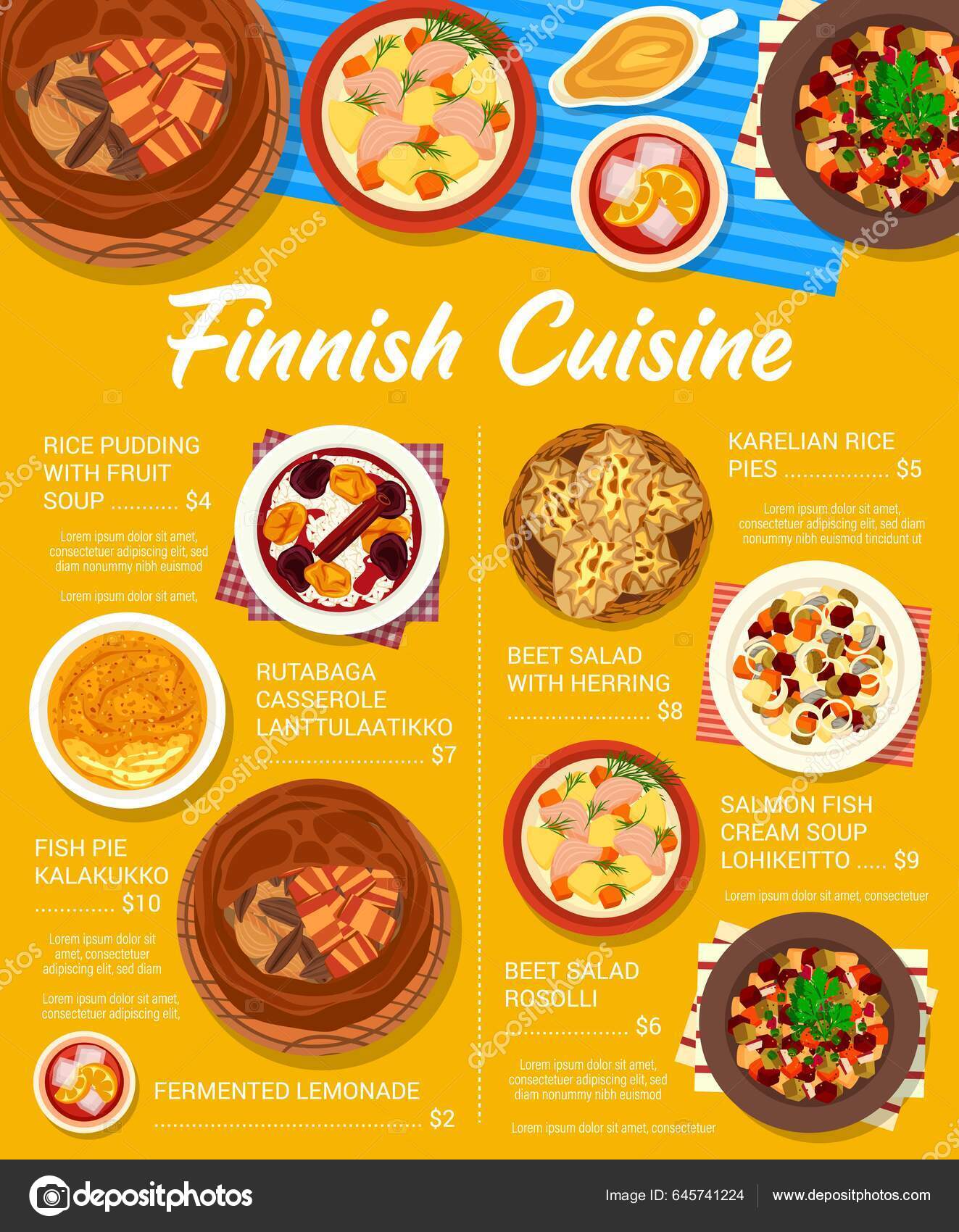 Finnish Cuisine Menu Page Design Salmon Soup Lohikeitto Karelian Pies ...