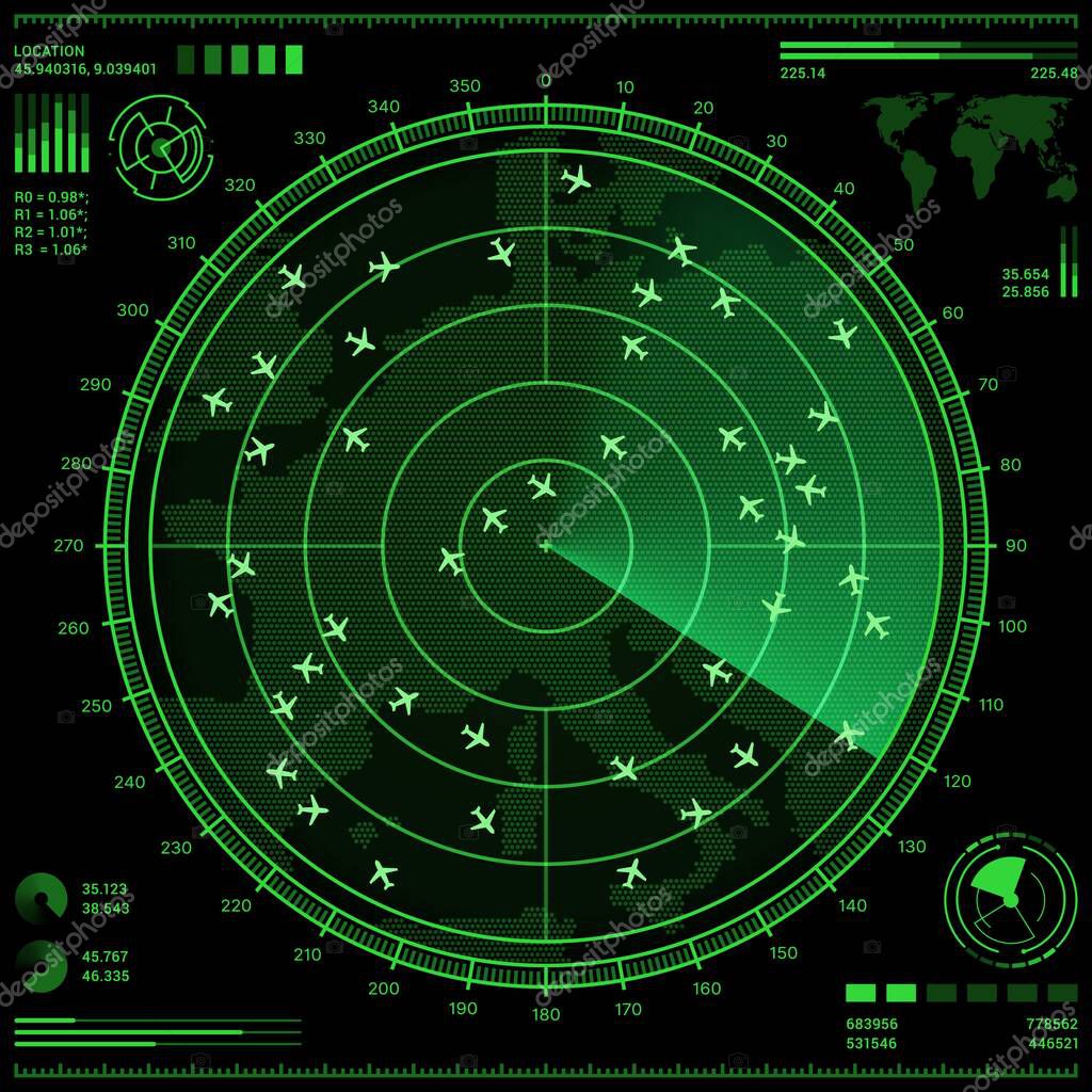 Pantalla de radar de control aéreo con aviones y mapa del mundo. Vector ...