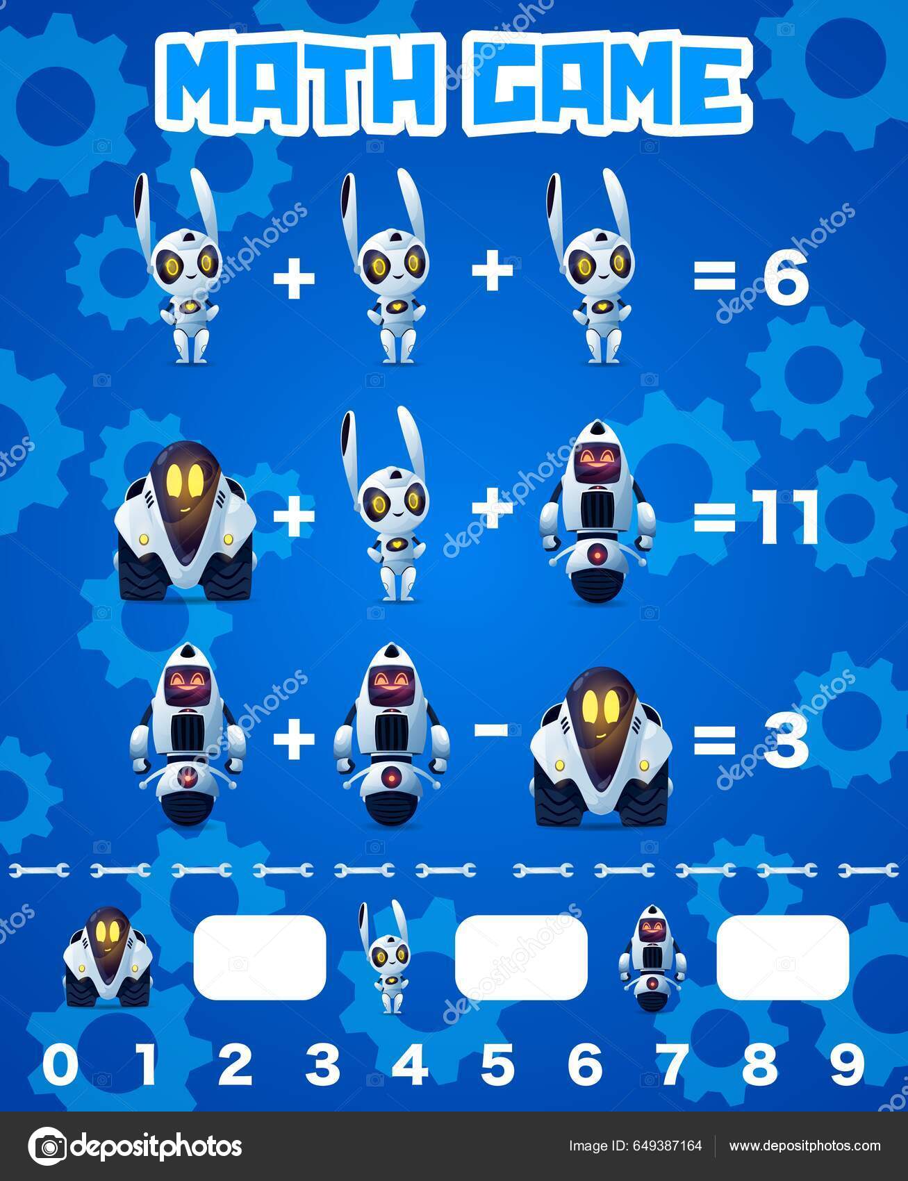 Math Game Worksheet Cartoon Robot Characters Vector Mathematics Riddle ...