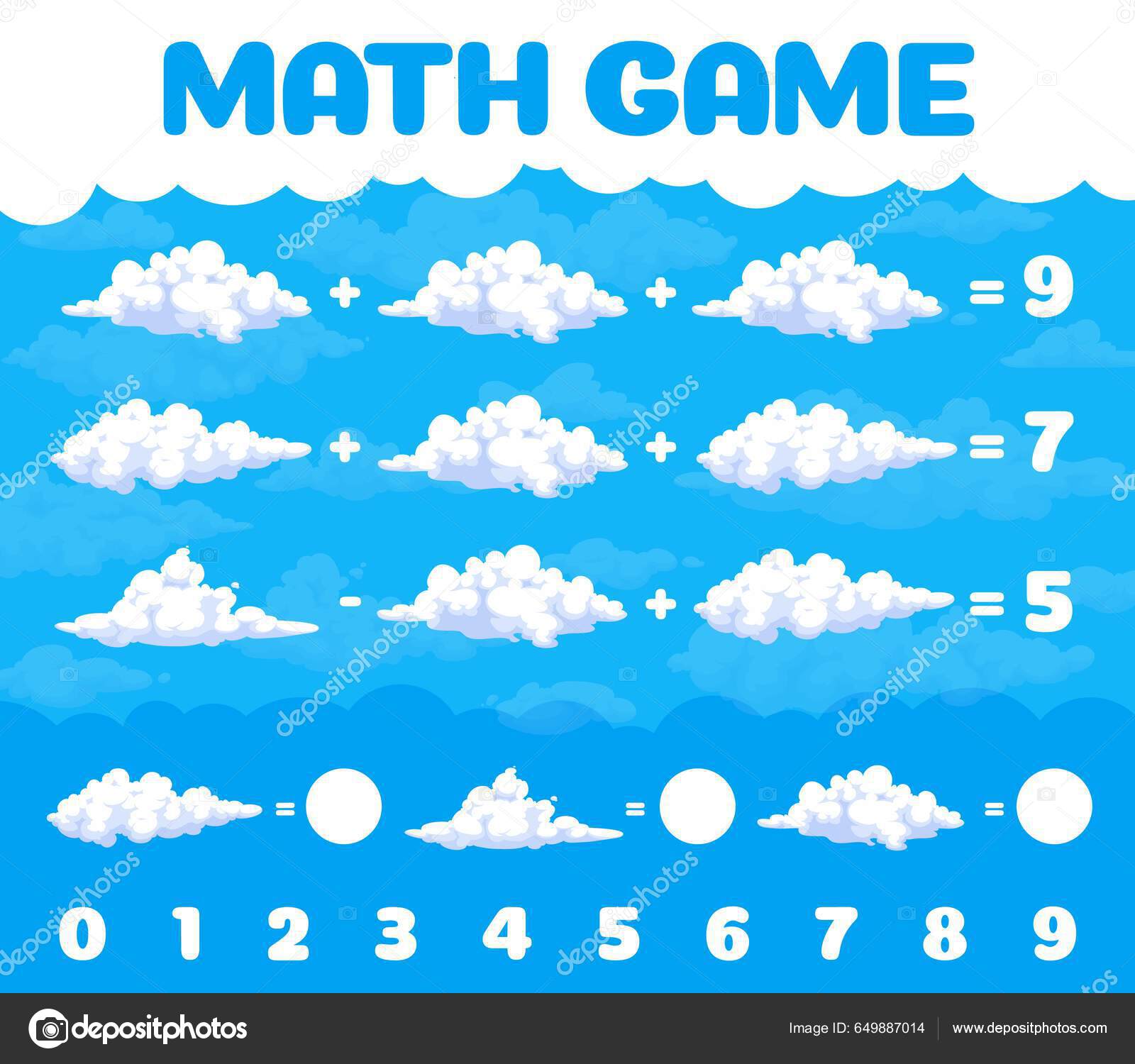 Cartoon White Clouds Blue Sky Math Game Worksheet Vector Mathematics Stock Vector by ©Seamartini ...