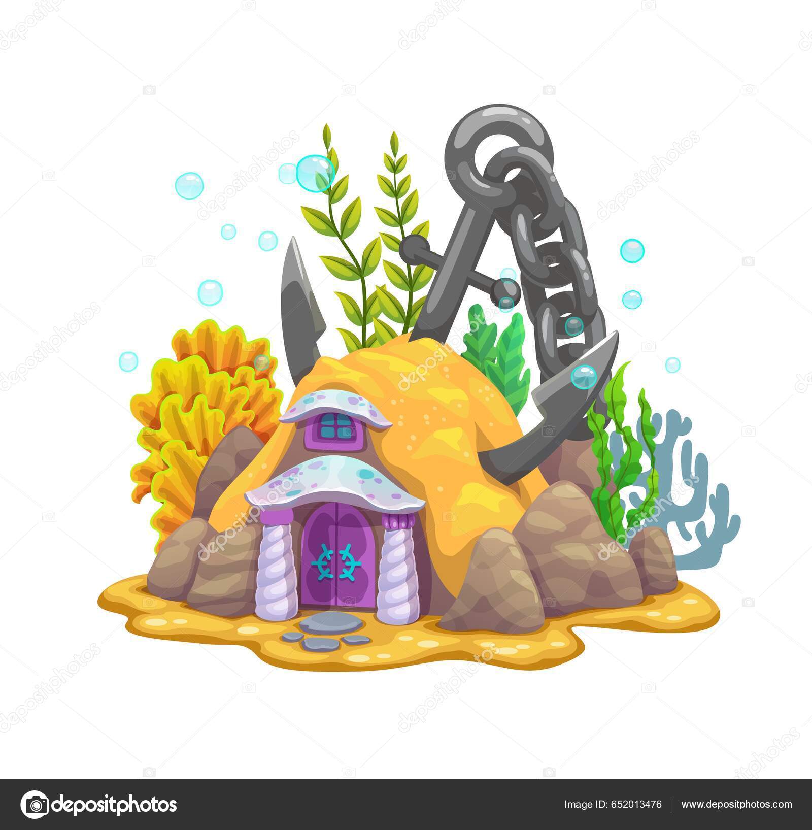 Cartoon Underwater Anchor Fairy House Vector Building Ocean Sea Bottom ...