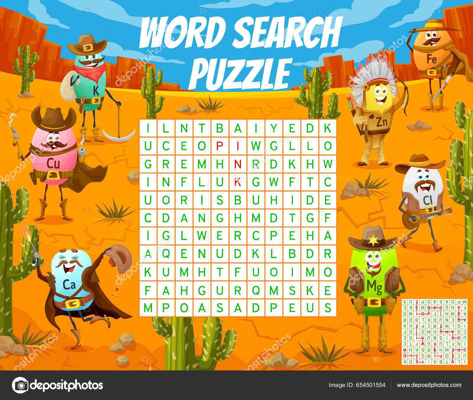 Palabra Búsqueda Juego Puzzle Salvaje Oeste Dibujos Animados Vaquero ...