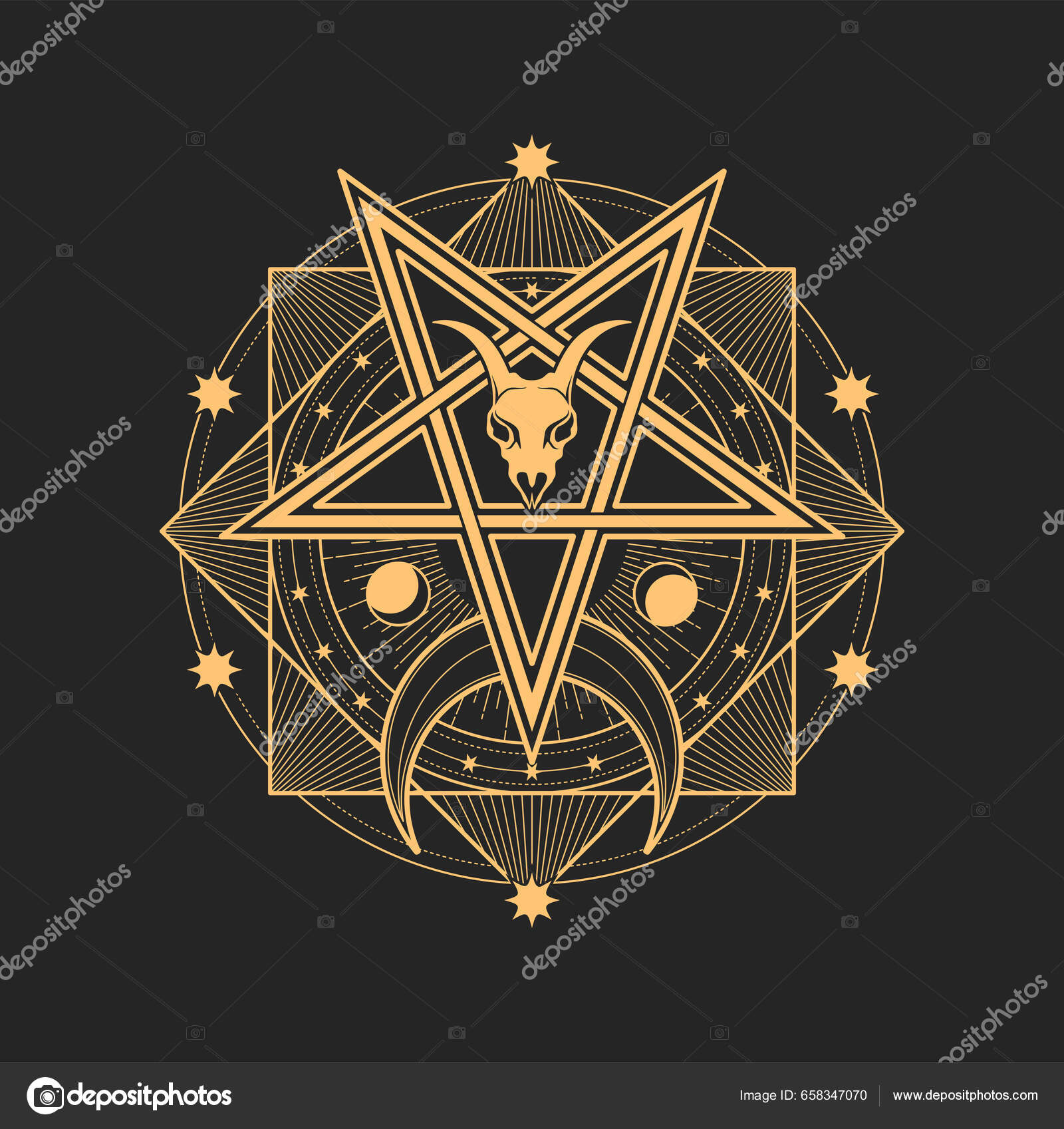 Pentagram Goat Skull Octagram Crescent Moon Stars Esoteric Occult ...