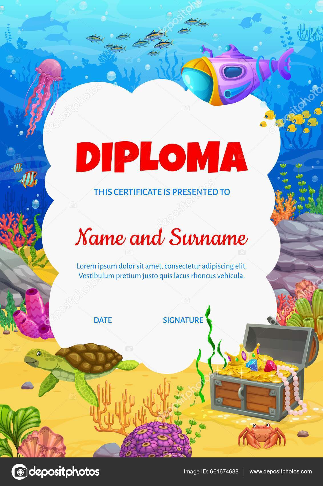 Diploma Infantil Dibujos Animados Mar Paisaje Submarino Con Cardumen ...