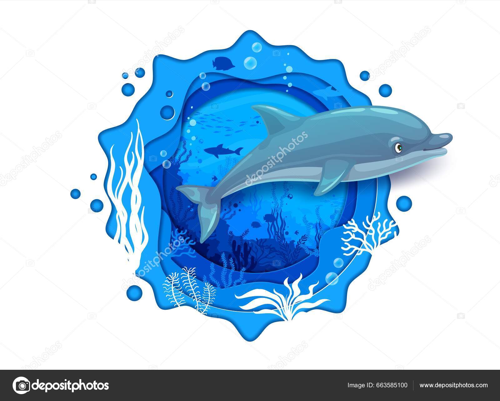 Kartun Biru Lumba Lumba Dan Laut Kertas Bawah Air Dipotong Vektor Stok ...