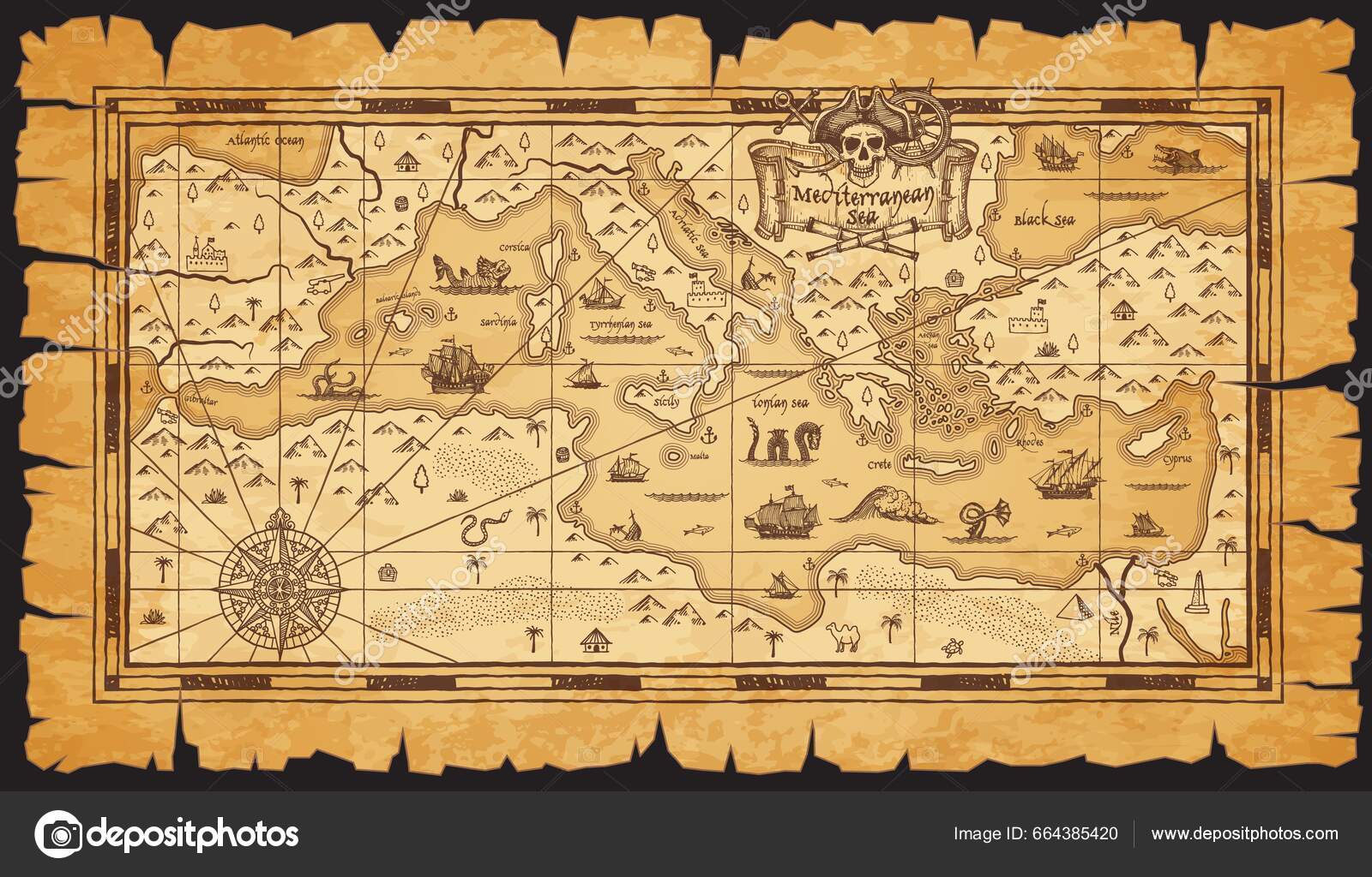 Antigo Mapa Antigo Mar Mediterrâneo Monstro Marinho Bússola Vento Subiu ...
