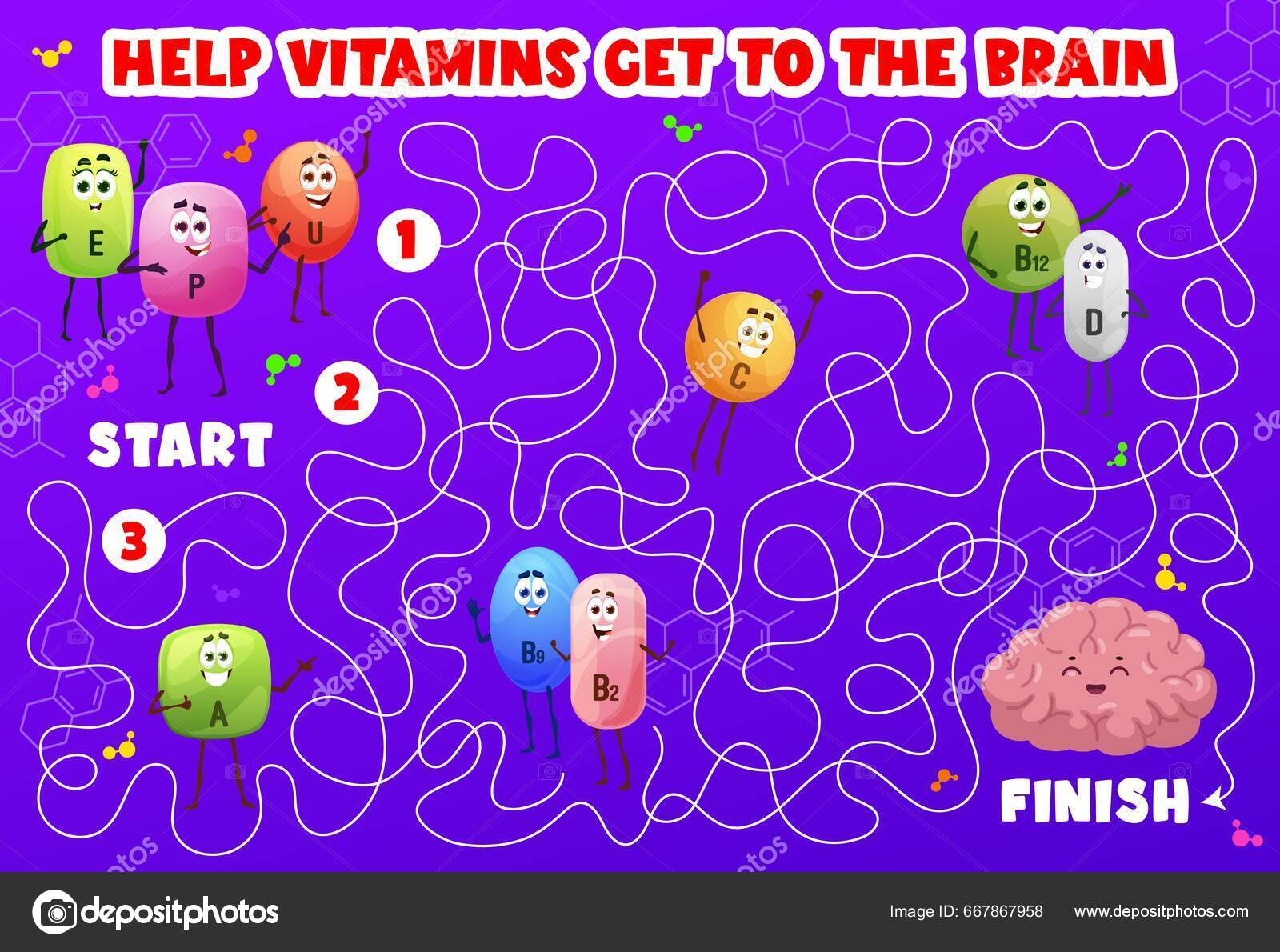 Image vectorielle Labyrinthe Jeu Labyrinthe Caricature Vitamines ...