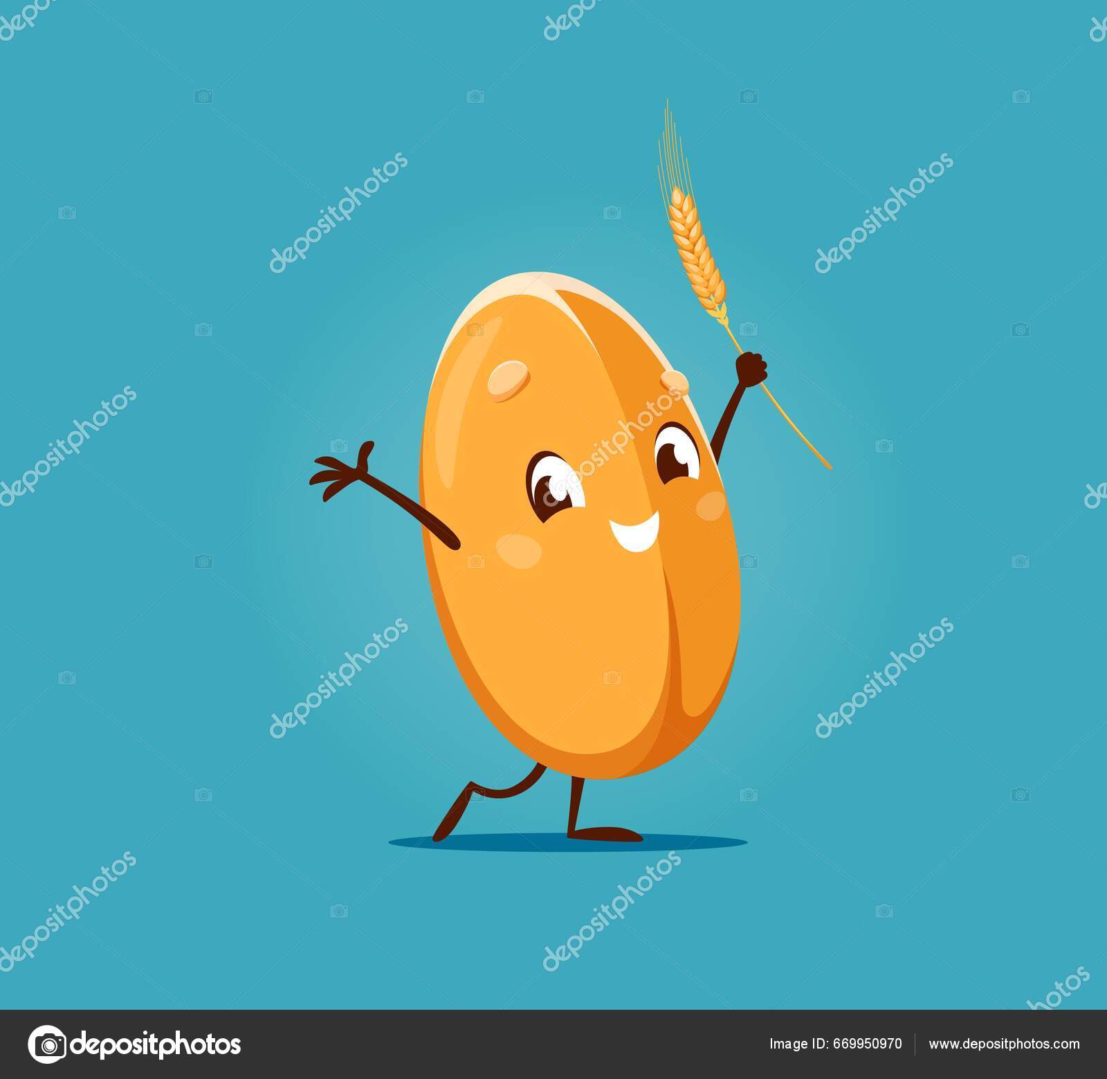 Cartoon Cute Wheat Cereal Grain Character Holding Golden Stalk ...