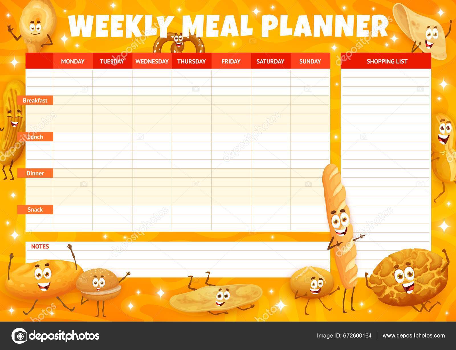 Weekly Meal Planner Cartoon Pastry Bakery Bread Characters Cooking Week ...