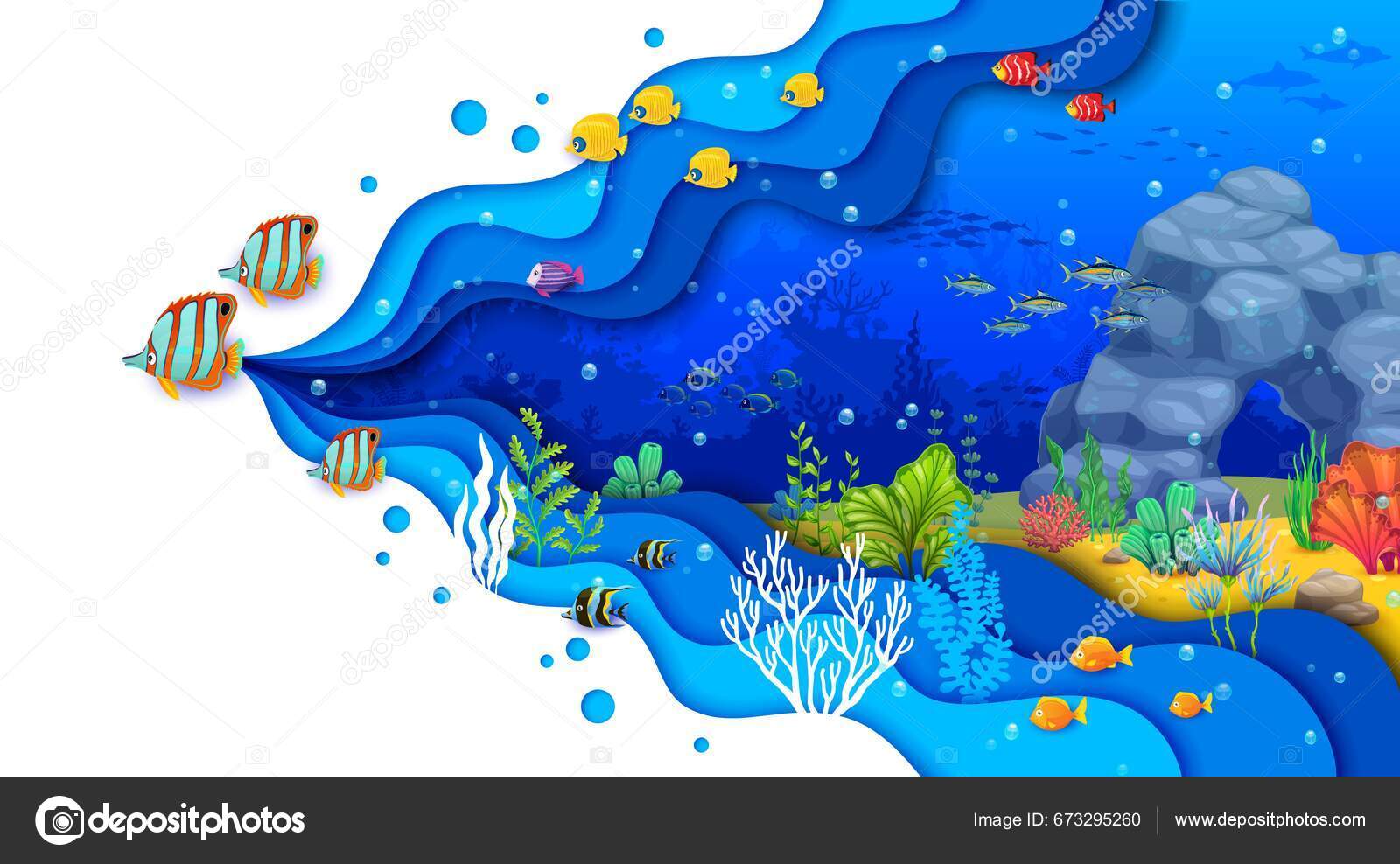 Cartoon Tropical Sea Paper Cut Underwater Landscape Bright Fish Shoal ...