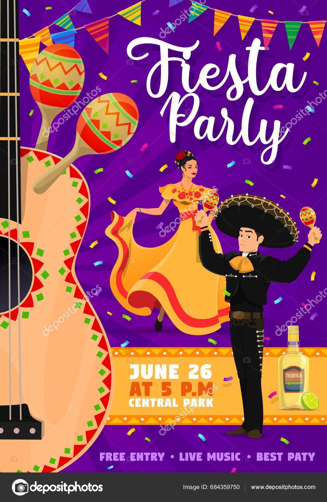 Mexican Fiesta Party Flyer Dancing Woman Mariachi Musician Maracas ...