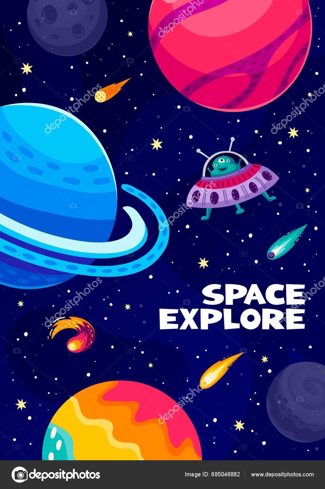 Tecknad Rymdlandskap Affisch Med Planeter Och Främmande Ufo Rymdskepp ...